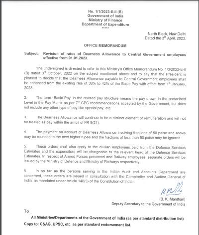 Revision of Rates of Dearness Allowance for Central Government Employees